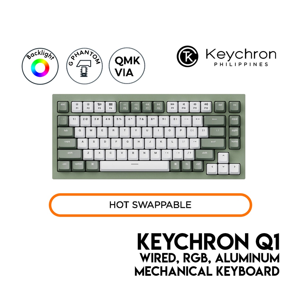 Keychron Q1 QMK Mechanical Keyboard (Green, 75%, Wired, RGB, Aluminum ...