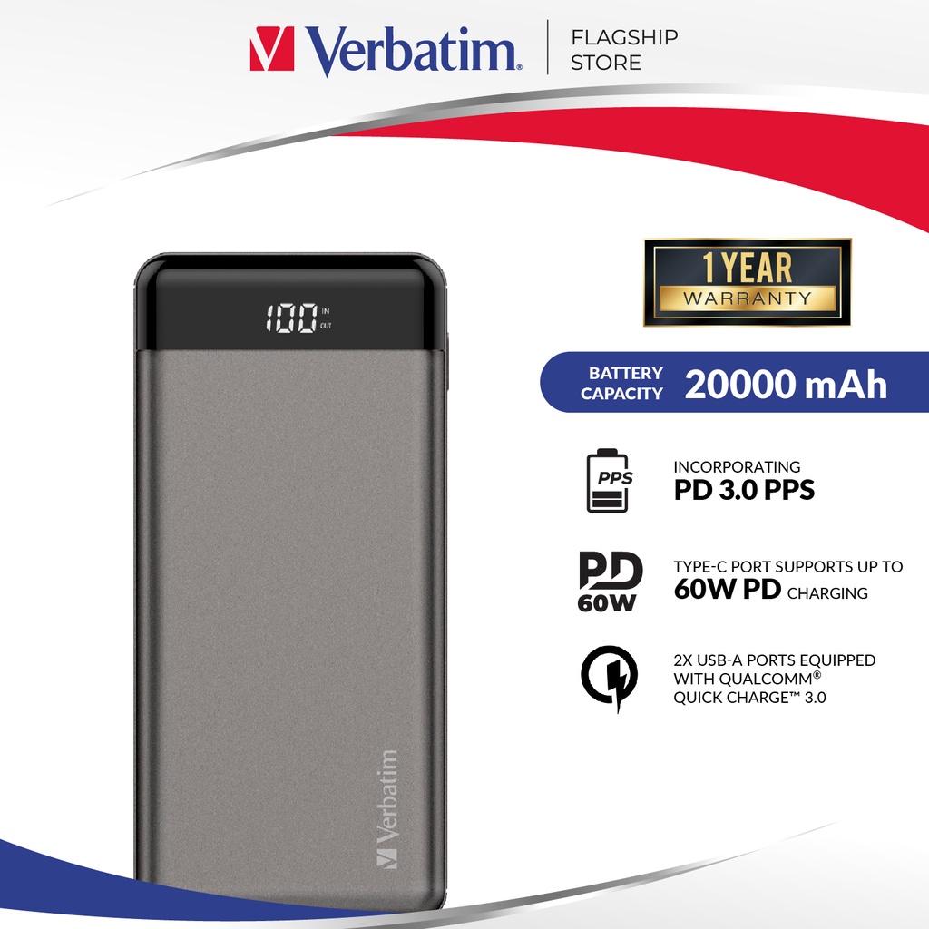 Verbatim 20,000mAh Powerbank Power Delivery 60W, 3 Ports w/ LED Display ...