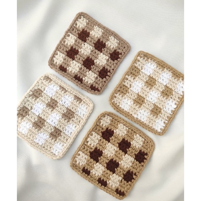 Gingham Brown Set Coaster Crochet (Buttermilk Cinnamon Oatmilk Caramel) | Shopee Philippines