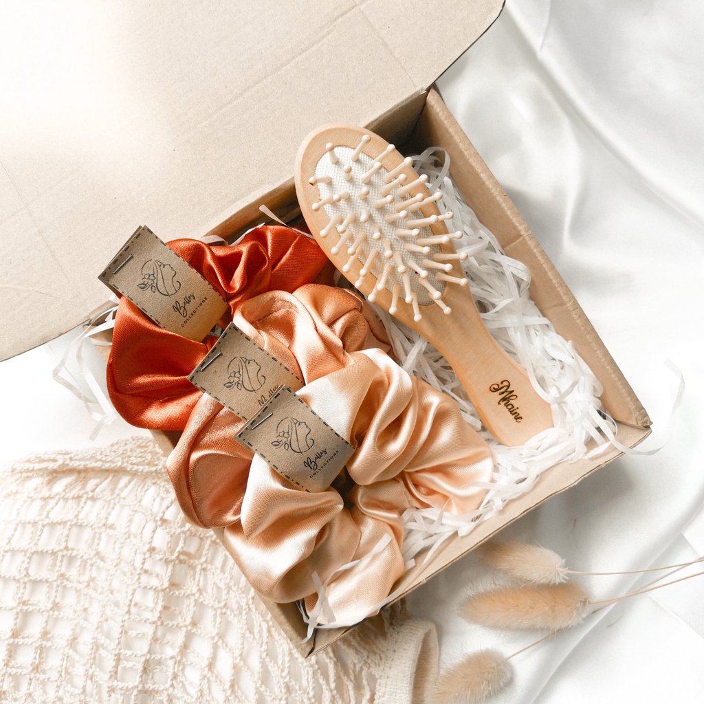 Satin Silk Scrunchies Gift Set wooden comb and mirror (FREE ...