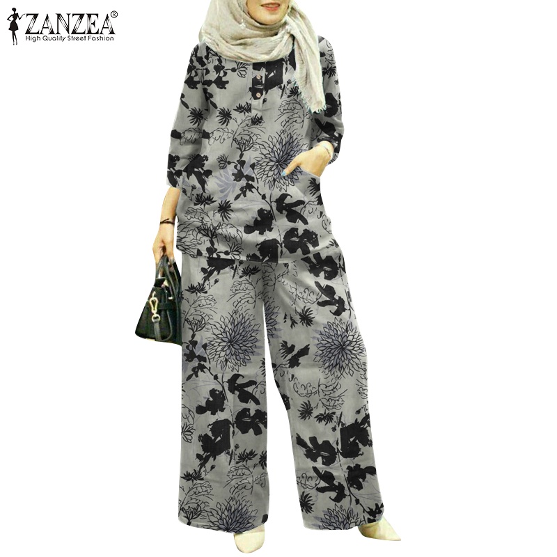 ZANZEA Women Summer Matching Vintage Casual Floral Print Pants Muslim ...