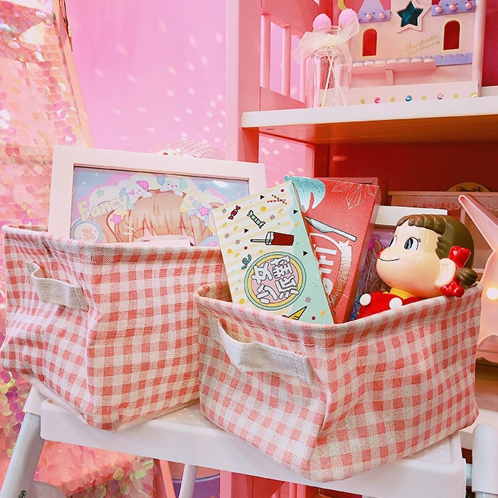 Ins Design Pink Chequer Foldable Basket Waterproof Desktop Cute Storage ...