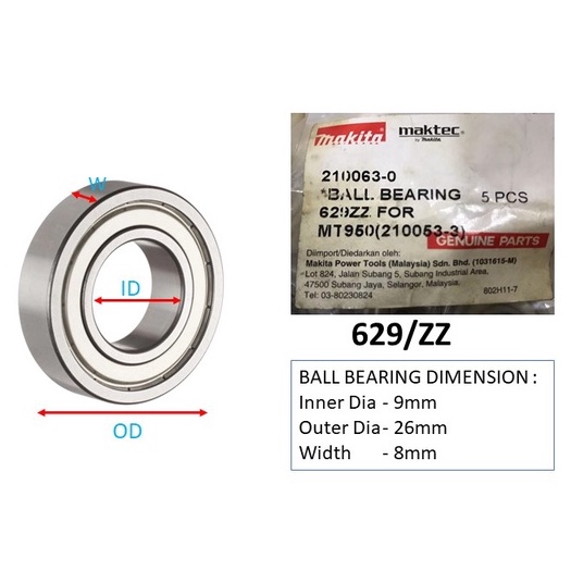 MAKITA BALL BEARING : 606ZZ 607ZZ 608ZZ 627ZZ 629ZZ 629DDW 696ZZ 6000ZZ ...
