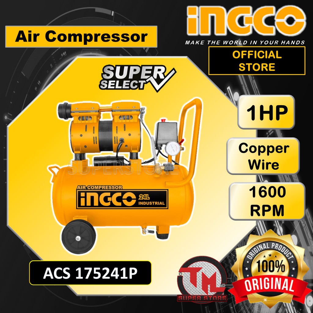 INGCO Air Compressor 1HP x 24L ( Oil Free System COPPER WIRE MOTOR ...