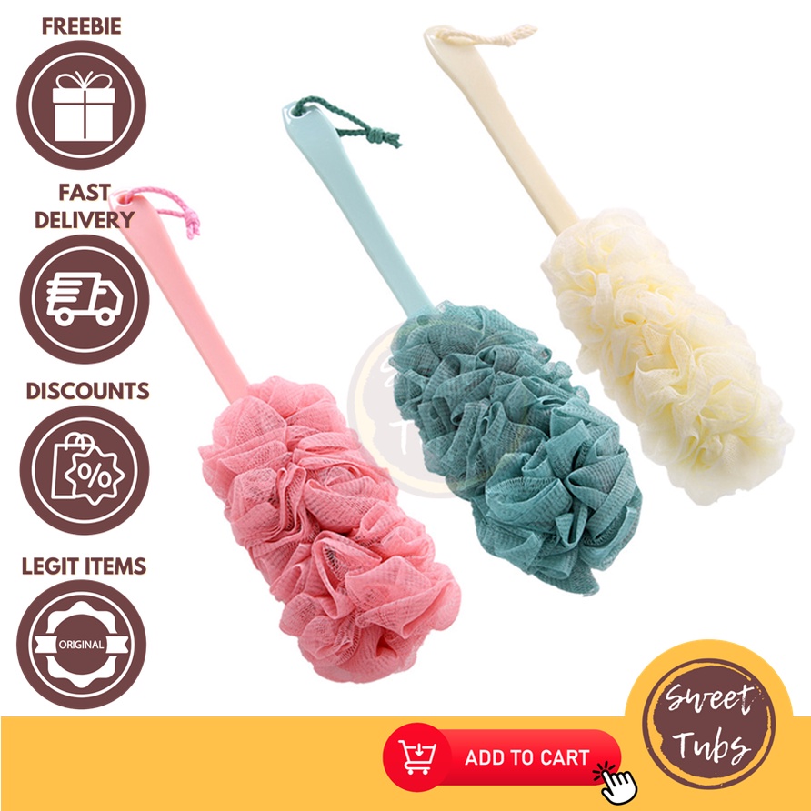 Plastic shower brush long handle shower ball mesh exfoliating body bath ...