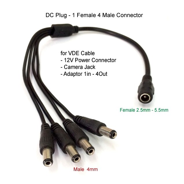 DC Power Connector 1 Female To 4 Male plug Splitter Socket CCTV Power ...