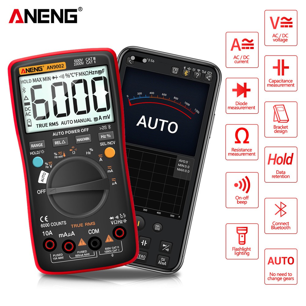 Aneng An9002 Multimeter Digital Bluetooth, Tester Tegangan Arus Ac/Dc ...