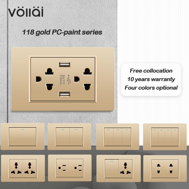 Vollai Gold Wall Switch for Light 15amp Universal Wall Socket Outlet ...