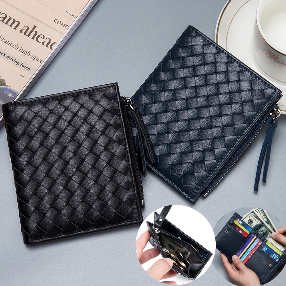 New Ultra-Thin Sheepskin Woven Short Wallet With Card Holder Wallet ...