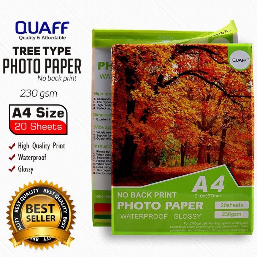 QUAFF A4 230GSM No Back Print Glossy Inkjet Photo Paper (20 sheets / pack) | Shopee Philippines