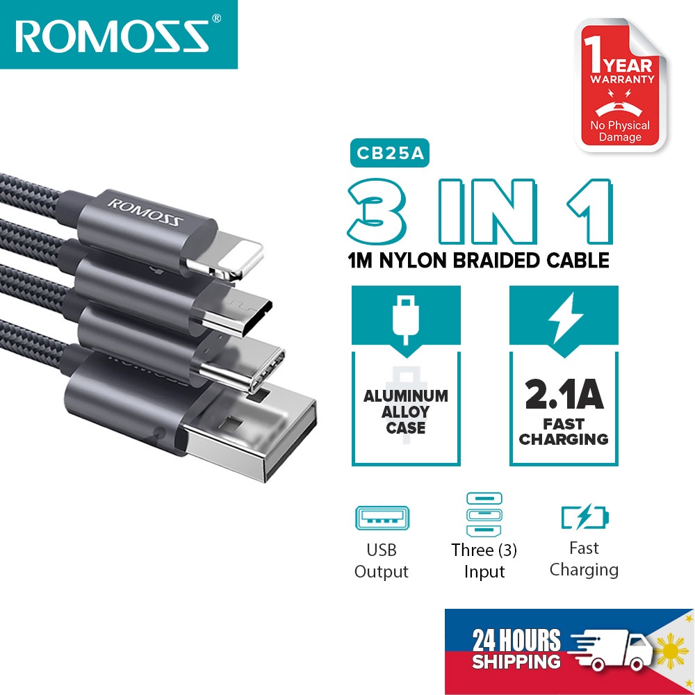Romoss CB25A 3 in 1 Durable Multiple 2.1A Lightn ing to Type-C Micro ... Romoss CB25A 3 in 1 Durable Multiple 2.1A Lightn ing to Type-C Micro ...