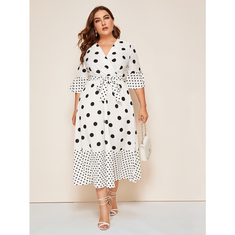 A2251 Miss Muse Plus Size Polka Dot Wrap Front Belted Dress | Shopee ...