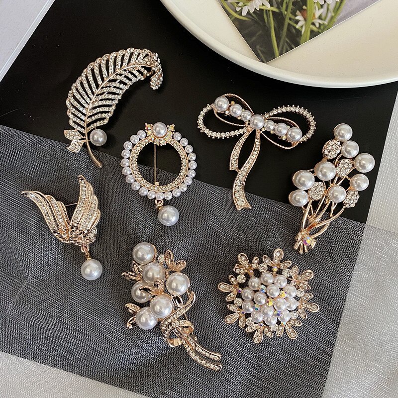 European Retro Collar Brooch Flower Bow Pearl Rhinestone Corsage Coat ...