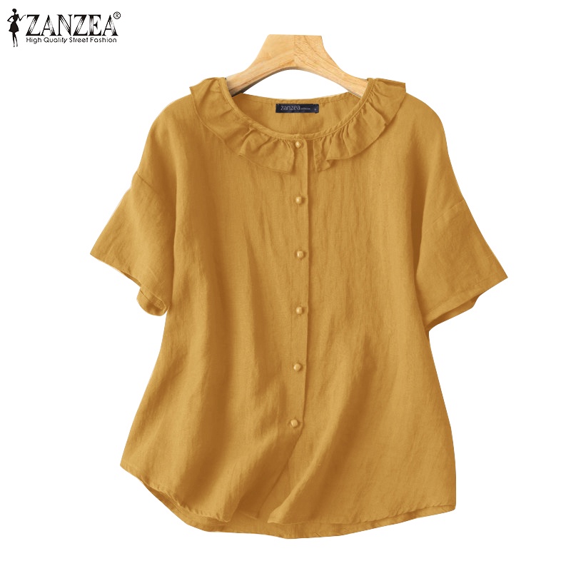 ZANZEA Women Circular Ruffle Collar Cotton Short Sleeve Shirt Summer ...