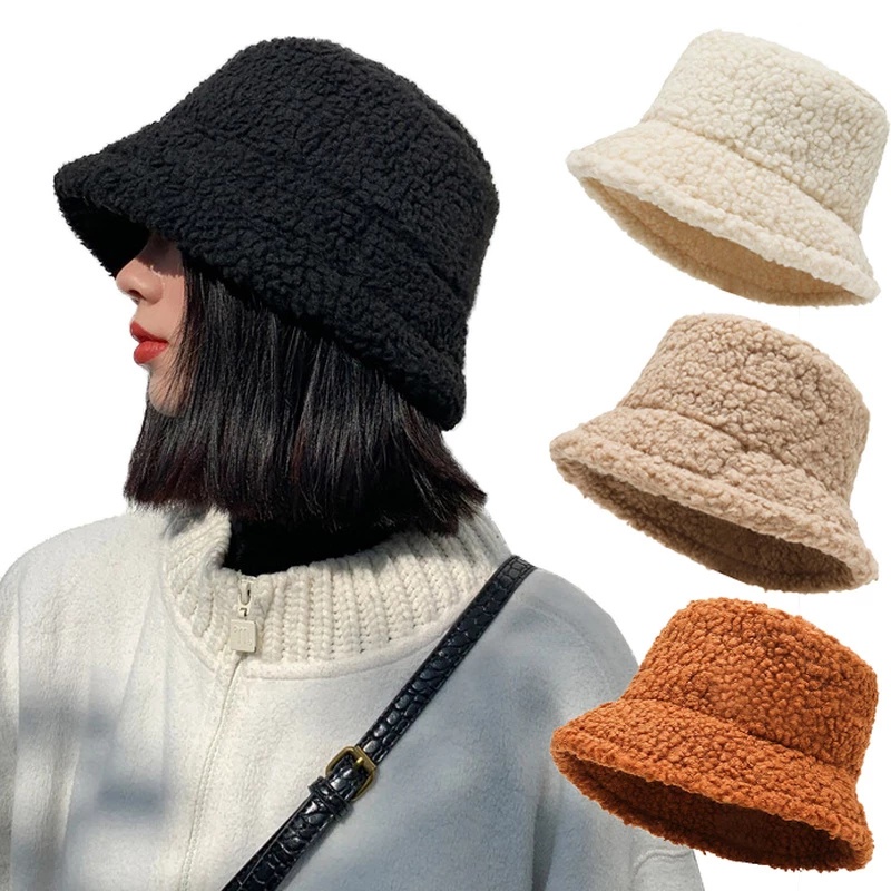 Autumn Winter Lambswool Bucket Hat Men Women Solid Color Outdoor Warm ...