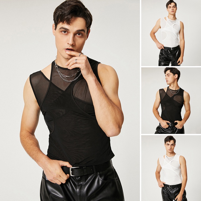 XMAN Men Clubwear Sheer Fishnet Vest Fishnet Casual Tops | Shopee ...