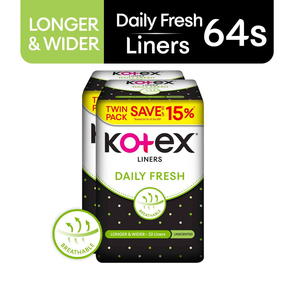 Kotex Daily Fresh Longer & Wider Liners 32 Liners X 2 Packs 64 Liners ...