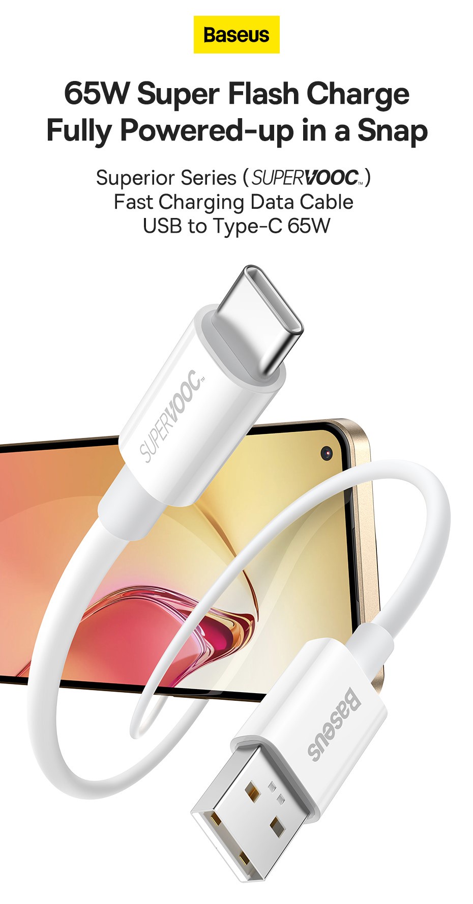 Baseus 65W USB Type C Cable 6.5A High Current Fast Charging USB-C ...