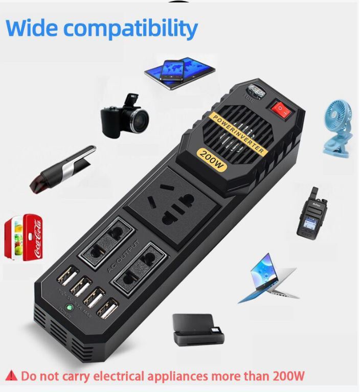 E8981 200W Ac/Dc 12V 220V Car Power Inverter With 4 Usb Charging Ports And 3 Ac Socket | Shopee ...