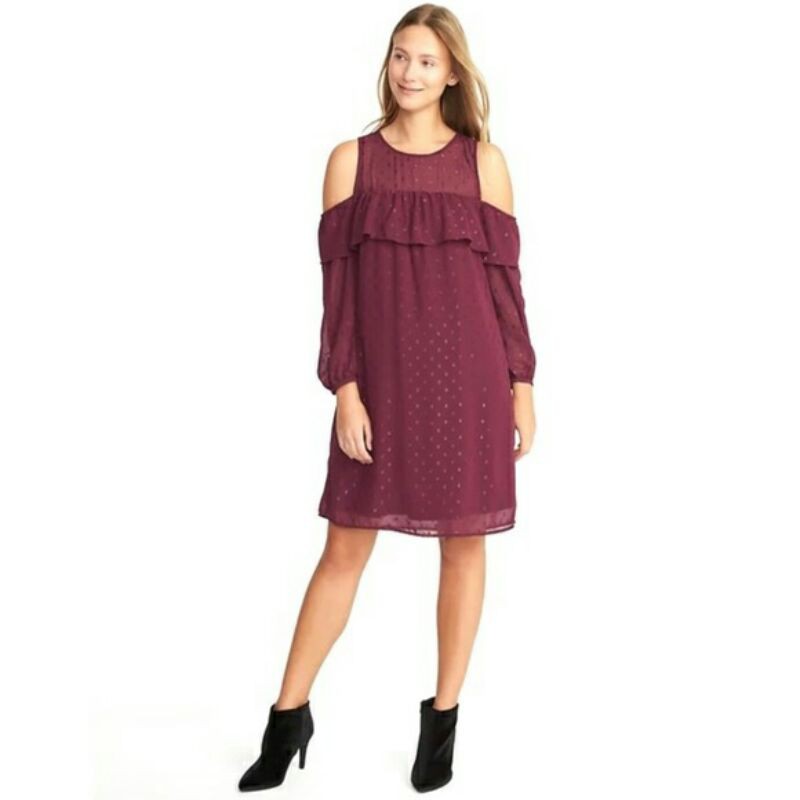 Cold Shoulder Ruffle Shift Dress - Maroon | Shopee Philippines