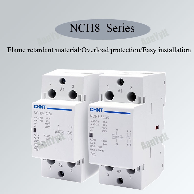 CHINT house hold small single-phase AC Contactor NCH8-40/63/20/25a 2p/4p 230-240V guide rail ...