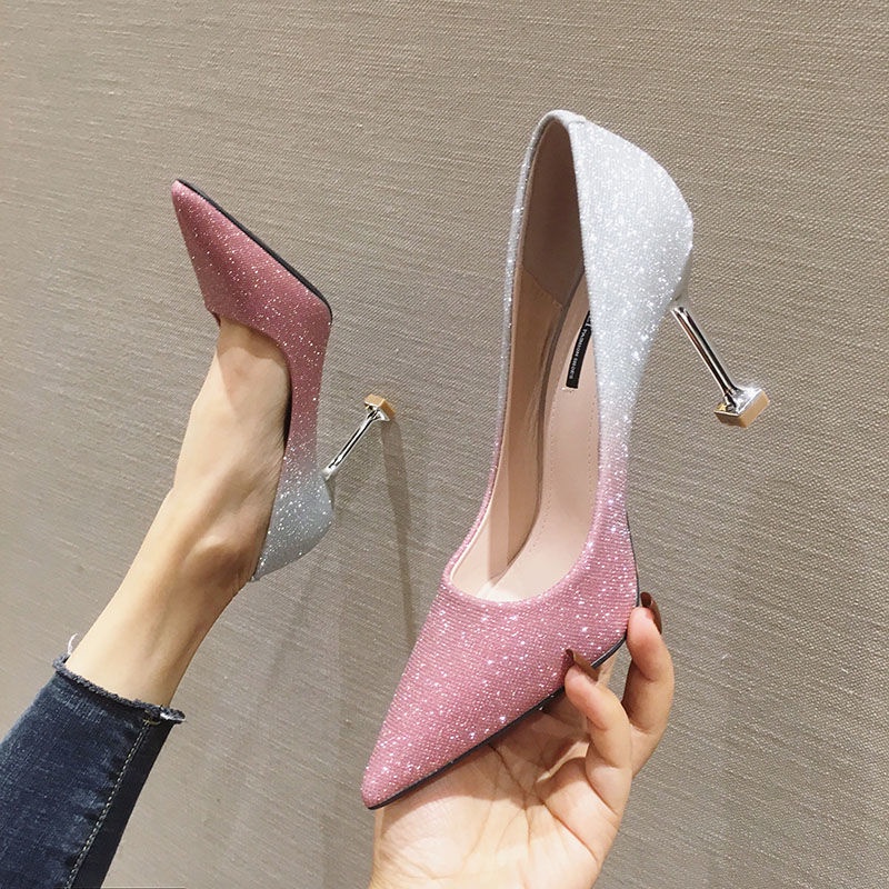 Gradient pink wedding shoes pumps women's sexy pointed toe Internet ...