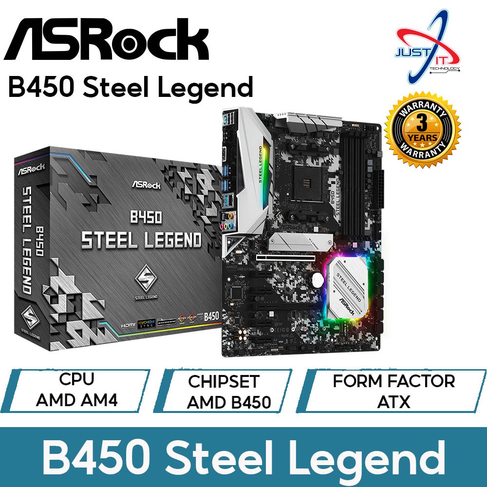 Asrock B450 Steel Legend Am4 Gaming Motherboard Bundle Package With AMD ...