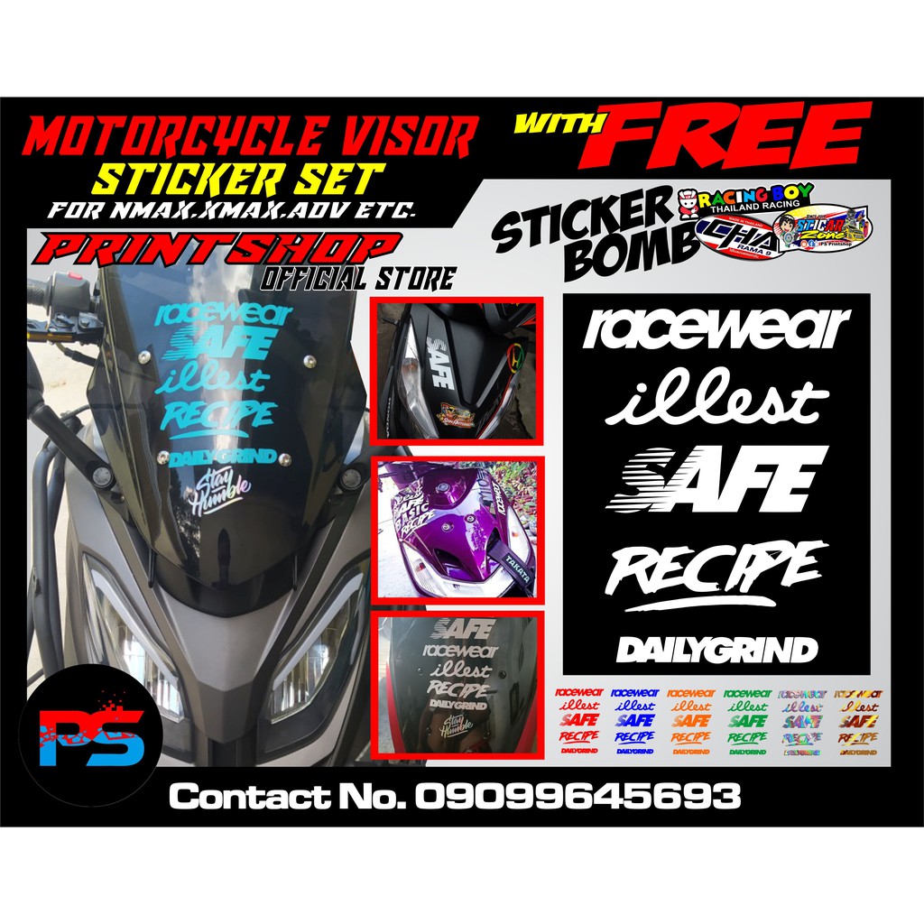 Motorcycle Visor Sticker Decals Set (racewear,illest,safe,recipe ...