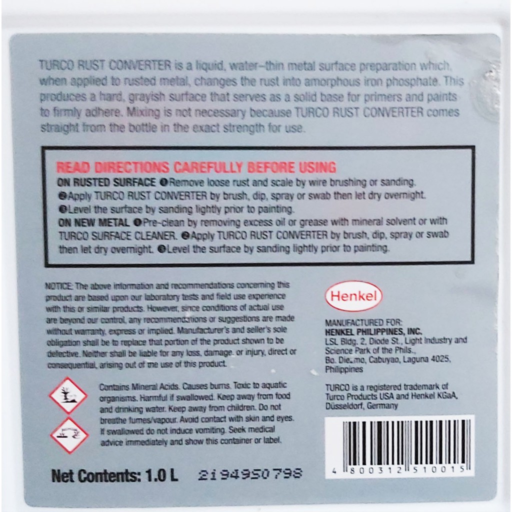 Original Turco Rust Converter by Henkel 500mL or 1L Kalawang Remover ...