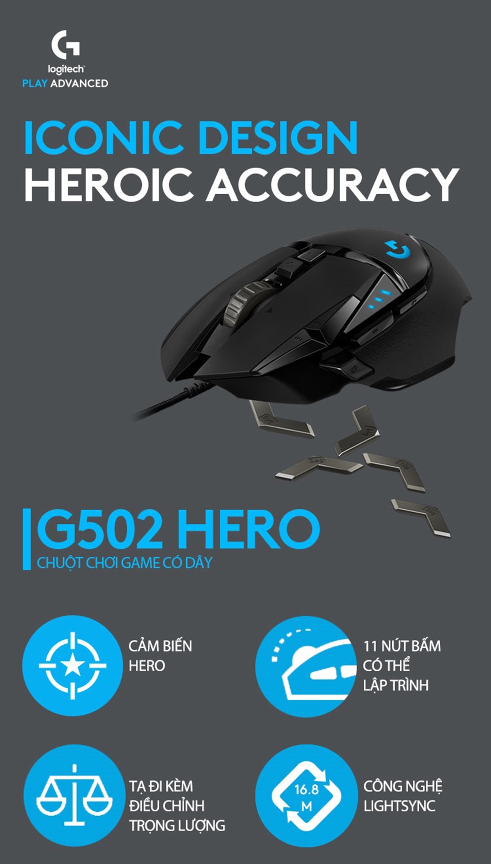 Logitech G502 Hero wired gaming mouse - Hero RGB sensor, 11 ...