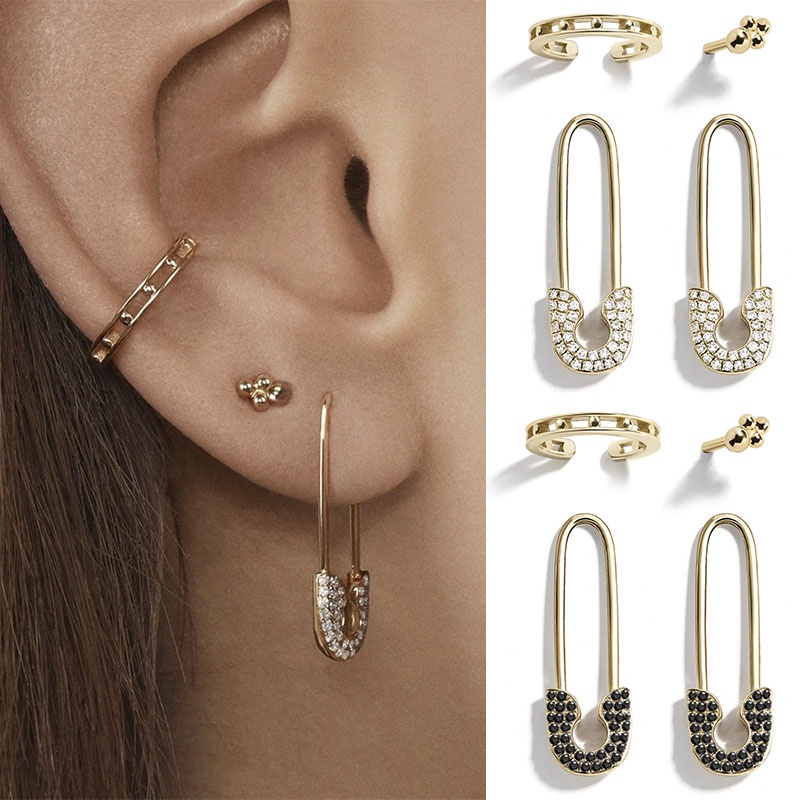 4pcs/Set Safety Pin Rhinestone Paperclip Earrings Creative Female ...