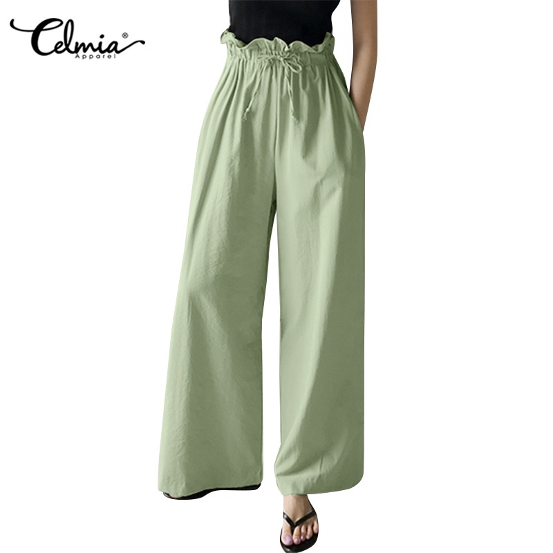 Celmia Women Wide Leg Pants Drawstring Elastic High Waist Cotton Casual ...