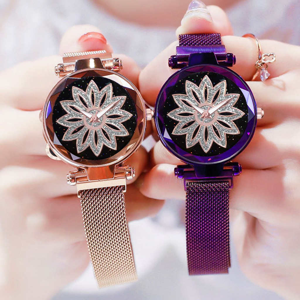 Women Starry Watch Magnetic Buckle Mesh Band Flower Watch | Shopee ...
