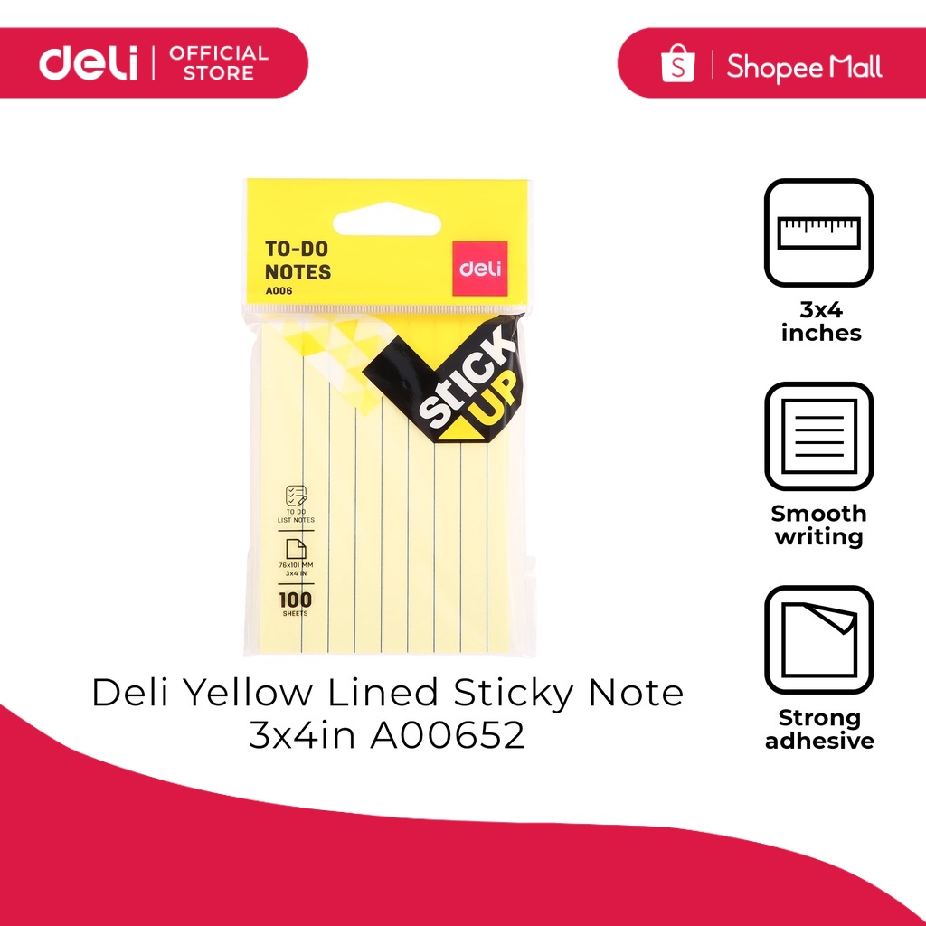 Deli A00652 Yellow Lined Sticky Note 3x4in (1PC) [7526A00652] | Shopee ...