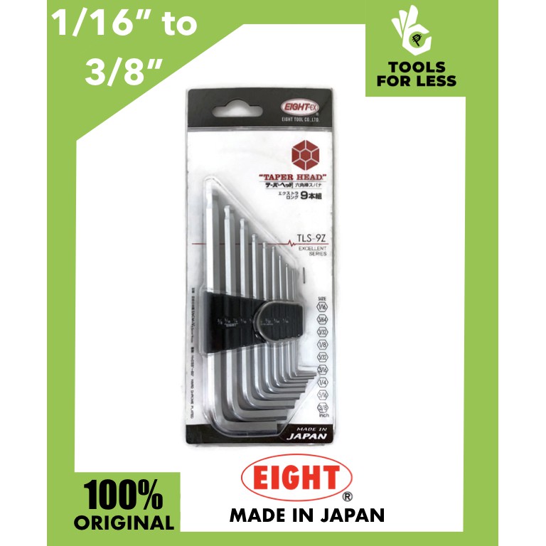9pc. Eight Extra Heavy Duty Long Arm Taper Head Hex Allen Key Set 1/16 ...