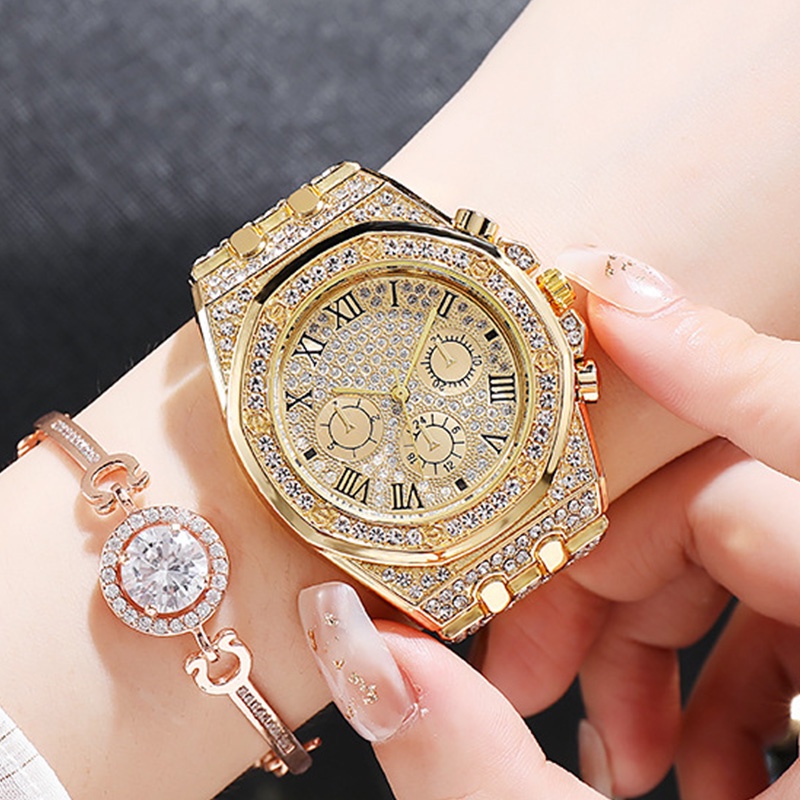 Fashion starry steel belt diamond men's watch full diamond face three ...
