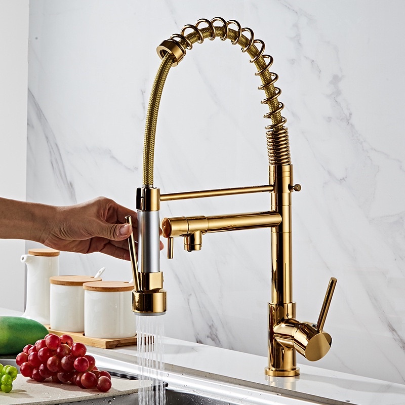 Pull-out Spring Kitchen Faucet Gold Spray Hose Handheld Shower 360 ...