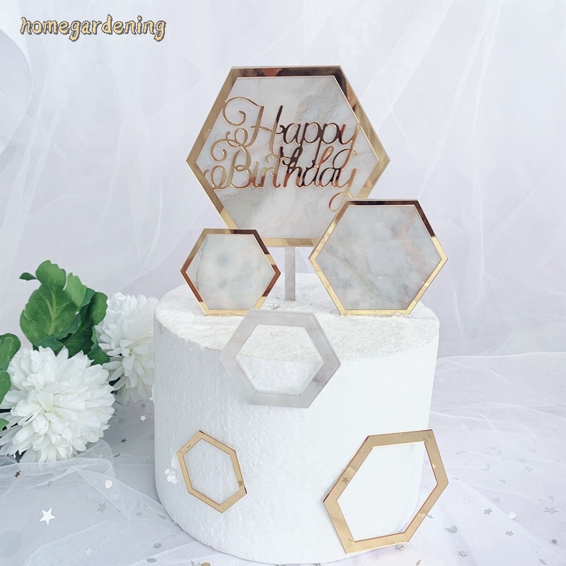 3PCS Marble Hexagonal Acrylic Cake Topper For Birthday Party ...