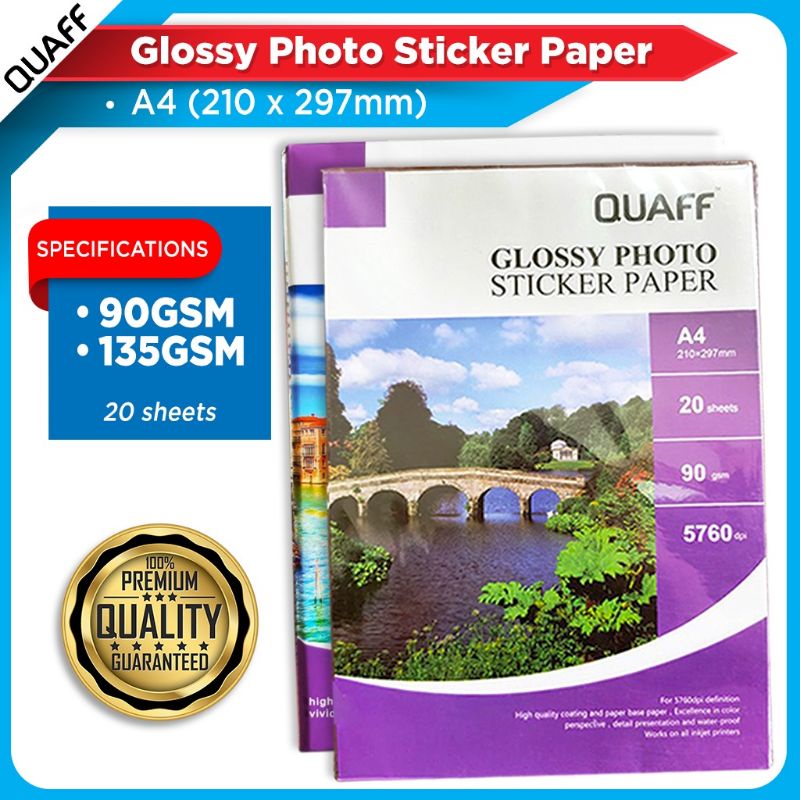 QUAFF GLOSSY PHOTO STICKER PAPER A4 SIZE 20SHEETS 90&135GSM. | Shopee ...