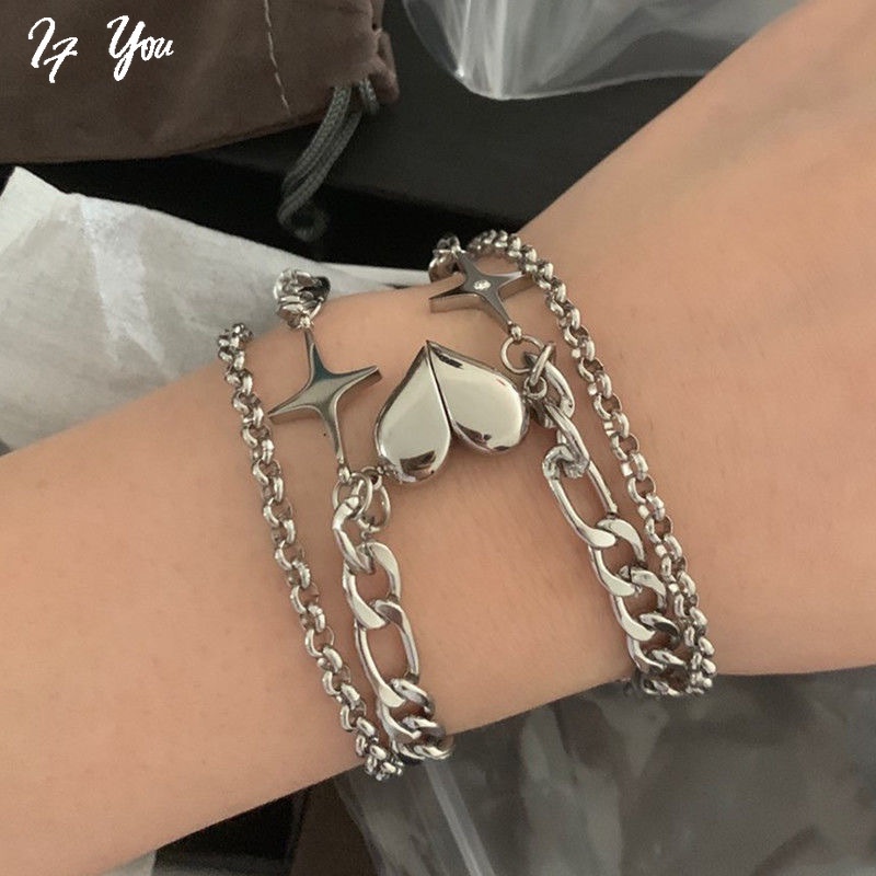 AY (CN) 2Pcs/Set Simple Couple Magnet Heart Bracelet Set Double Silver ...