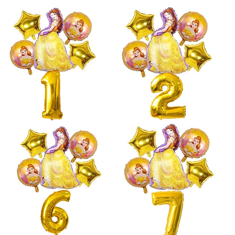 6pcs/set Beauty and the Beast Princess Belle Foil Balloon Gold Number ...