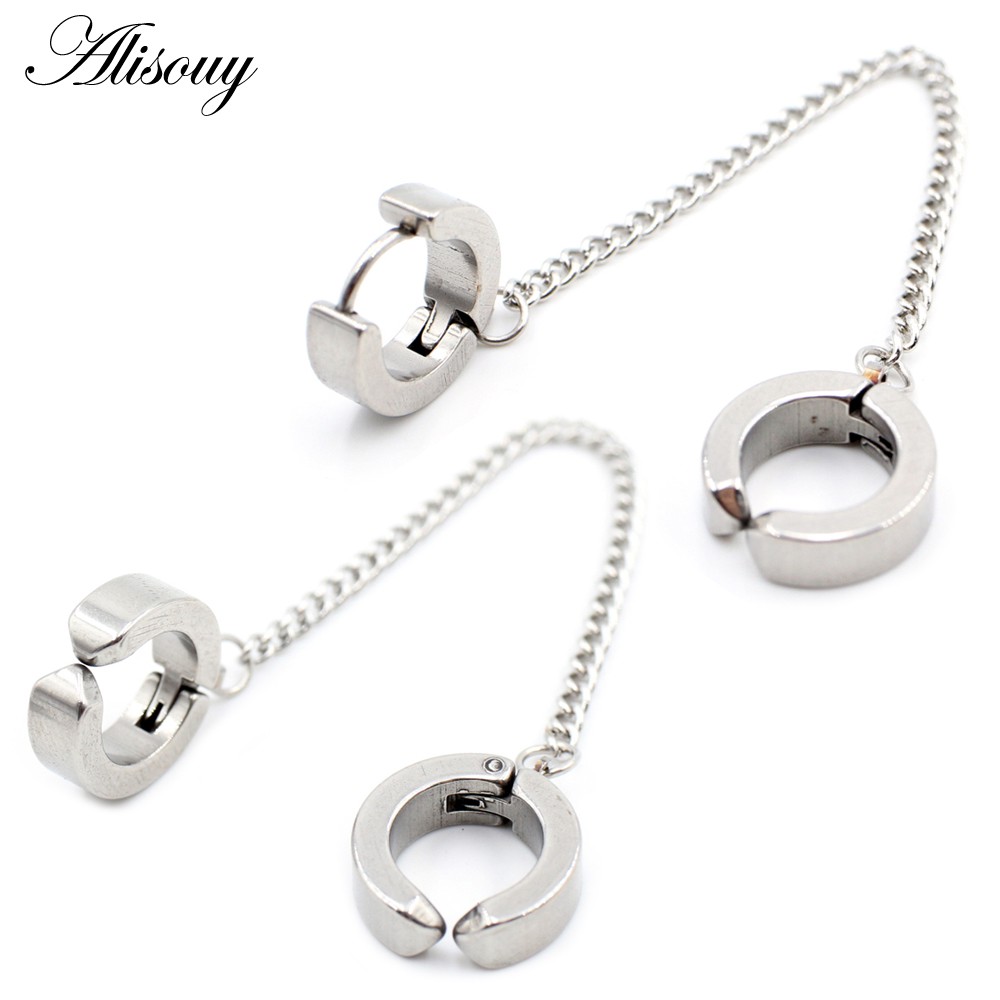 Alisouy 2PCS Gothic Stainless Steel Chain Clip-on Fake Earrings Non ...