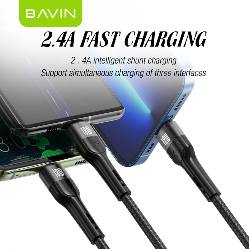 BAVIN CB236-3 3in1 Fast Charging Braided Cable 18W High Density Safe ...