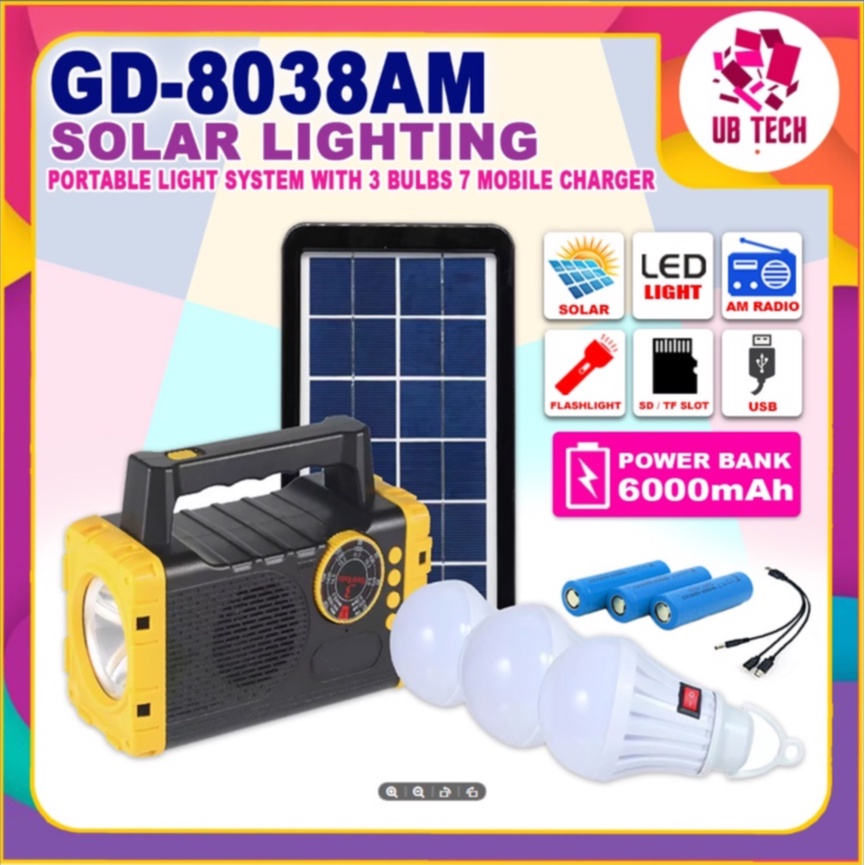 GDPLUS GD-8038AM BLUETOOTH Plus Solar Lighting System Kit Rechargeable ...