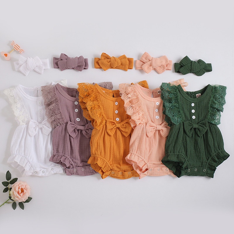 2pcs/set Baby Romper Cotton Suit Infant Girl Bow Lace Ruffled Sleeve Jumpsuit Bodysuit+Headband ...