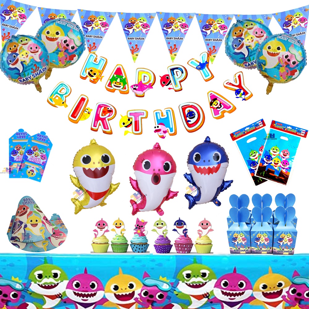 Baby Shark Theme Kids Birthday Event Cartoon Balloons Banner Background ...