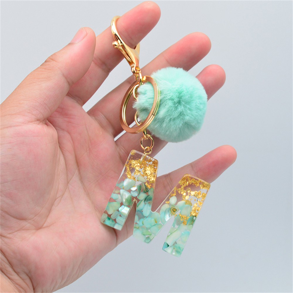 Cute Keychains Green Pompom Fur Ball 26 Initials Resin Keyring Handbag ...