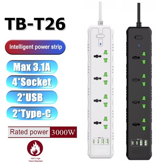 Tb-T26 3000W Power Strip Universal Power Extension 4 Sockets 2 Usb ...