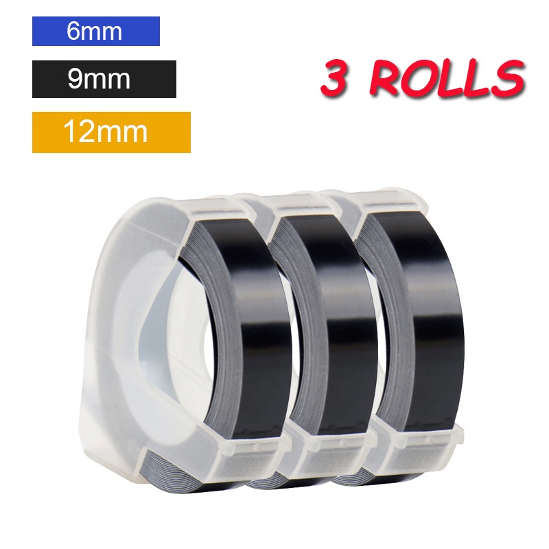 3 Pcs Roll Black 3d Plastic Label 6/9/12mm X 3M Embossing Tape Refill ...