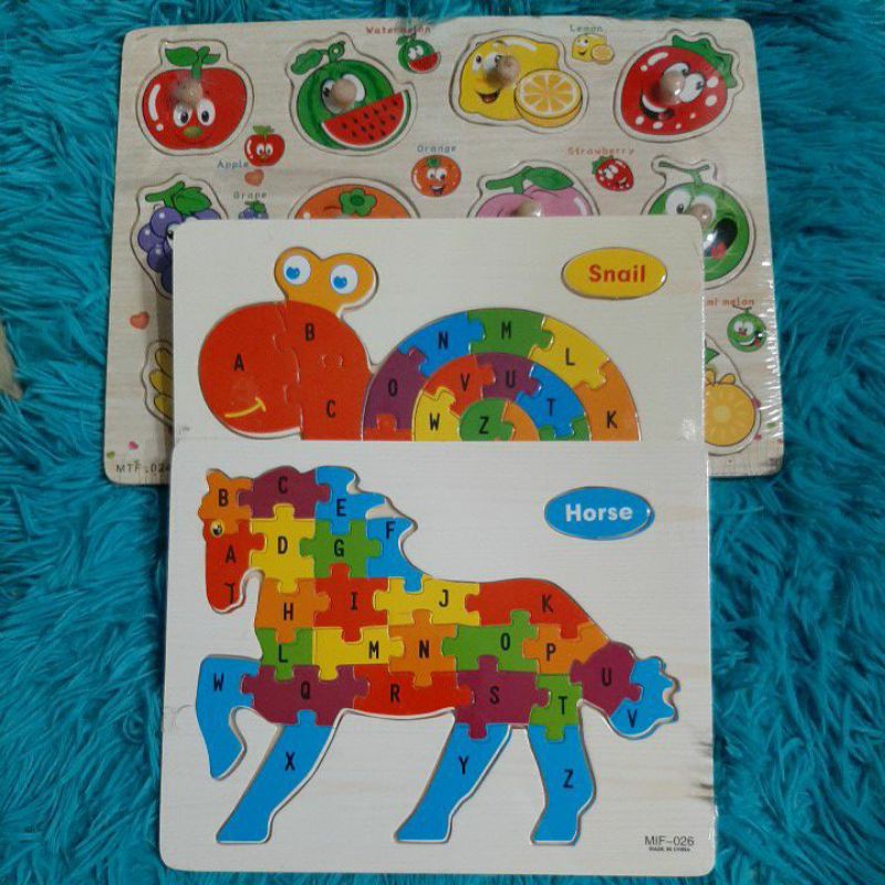 Wooden Puzzle : Fruits, Alphabet Snail, Alphabet Horse | Shopee Philippines